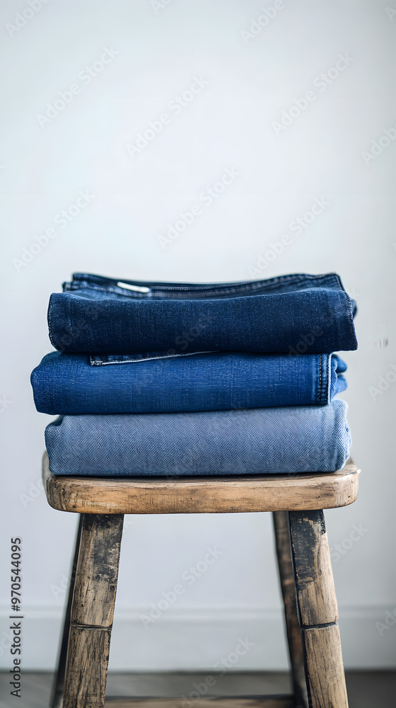 Folded Stack of Men's Denim Jeans on Wooden Stool with White Backdrop ...