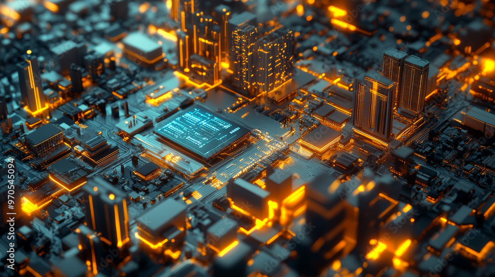 A smart city uses AI to manage its infrastructure. Imagine a futuristic ...