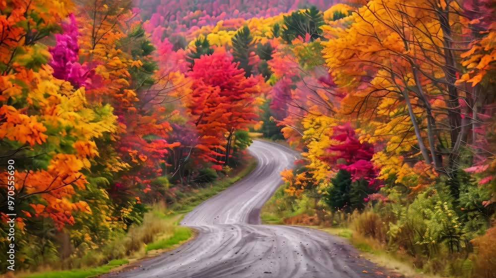 A scenic country road curves through a colorful autumn forest ...