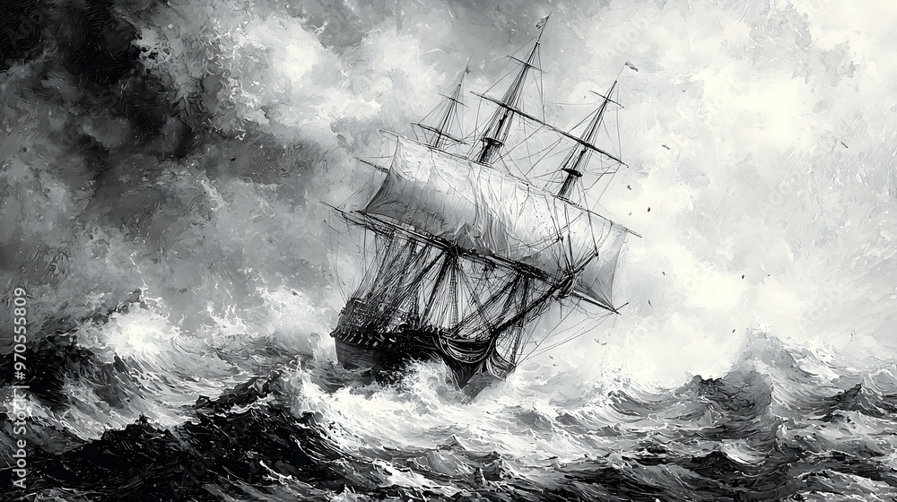 Historic ship engraving, showcasing intricate details of a vintage ...