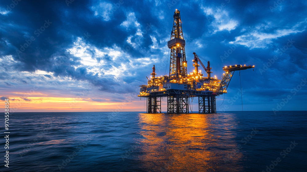 An oil drilling platform stands tall in the ocean at sunrise. The rig ...