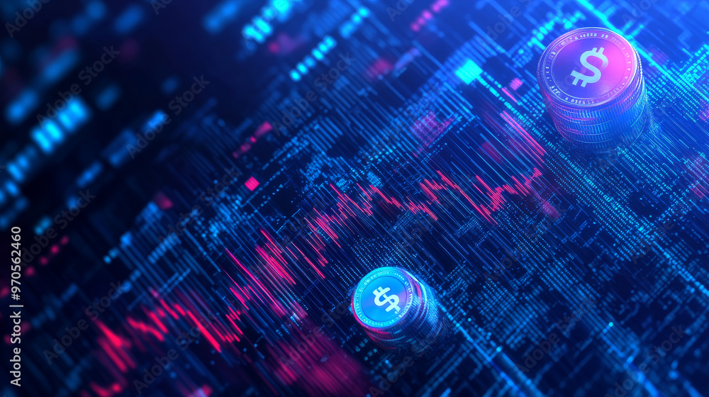 Digital stock trading is shown with candlesticks and dollar coins in a ...