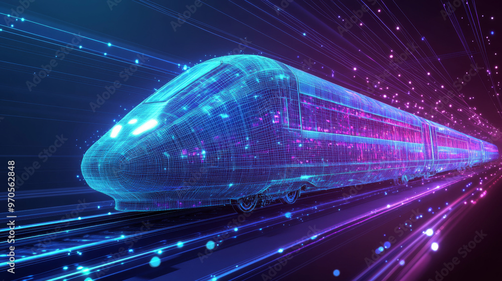 futuristic,high-speed train is shown as a digital,wireframe design.This ...