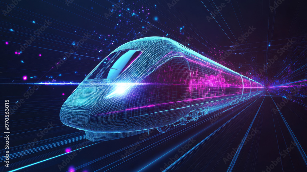 futuristic,high-speed train is shown as a digital,wireframe design.This ...