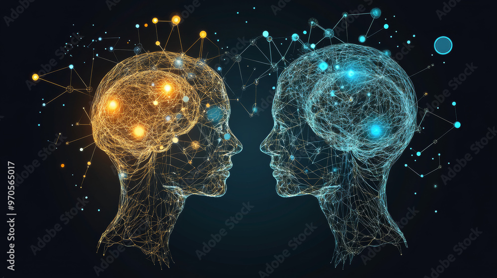 Lines linking thought bubbles represent the concept of artificial ...