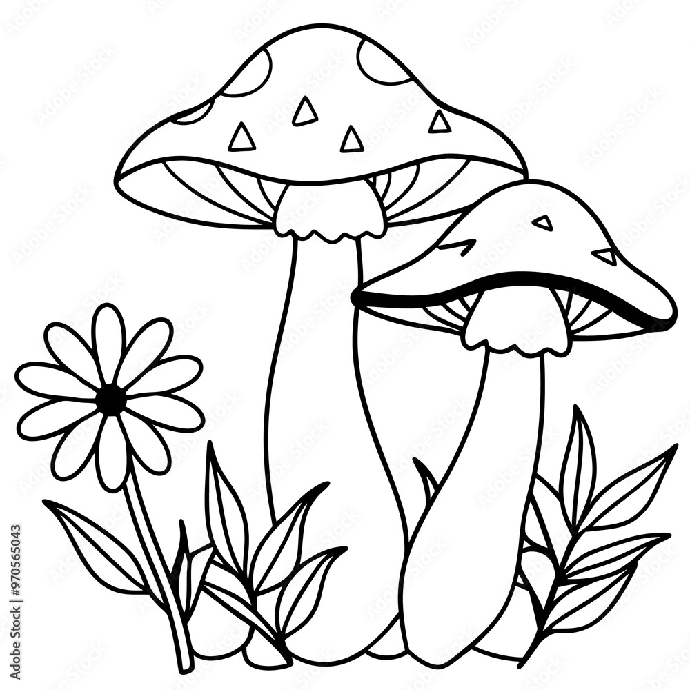 mushrooms and flower plant outline coloring book page line art drawing ...