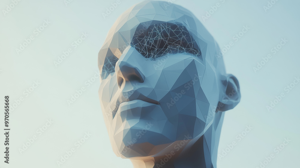 low poly humanoid head powered by artificial intelligence.The AI has a ...