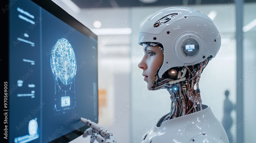 Robot with a computer-like brain and a screen that shows information ...