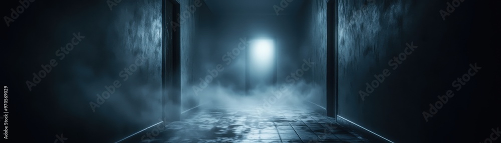 Dark abandoned hallway cloaked in dense fog with a faint, eerie light ...