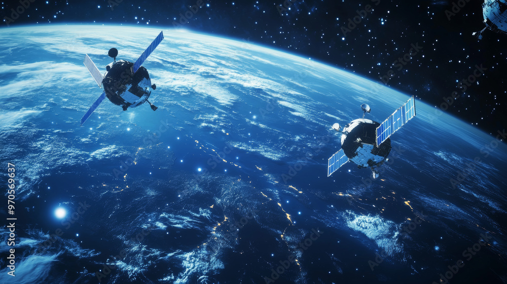 Satellites circle Earth in space, shown as a low-poly design against a ...