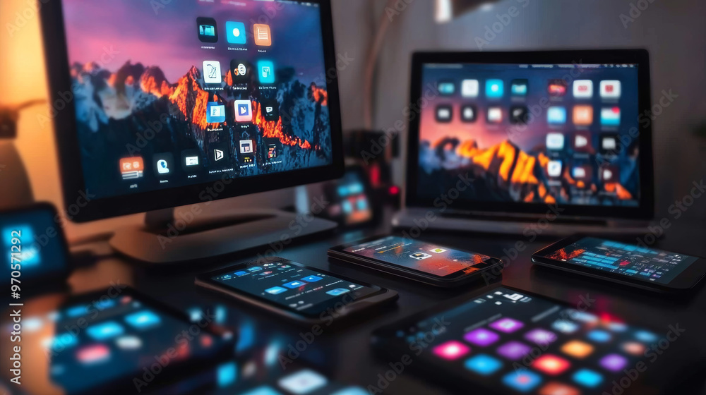 Smartphones, tablets, and laptops are shown in the picture. It shows ...