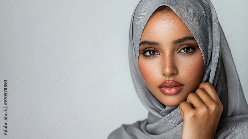 A young and pretty Saudi Arabian female model is satisfied with her ...