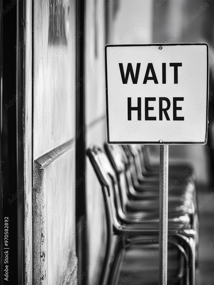 A black-and-white image of a "Wait Here" sign standing beside a row of ...