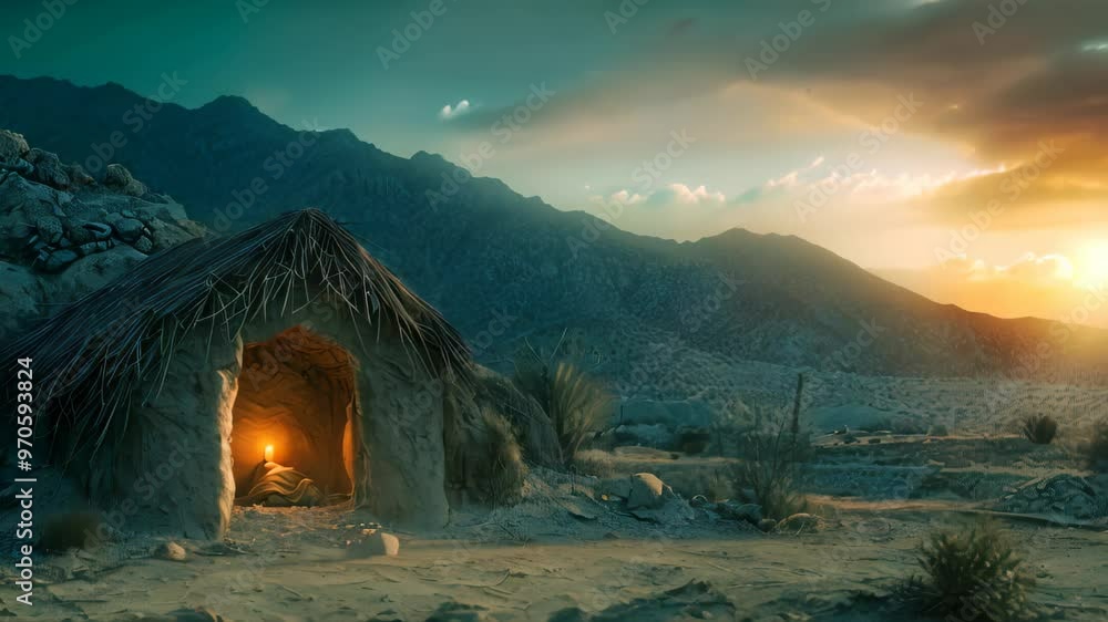 A peaceful nativity scene depicting the birth of Jesus in a humble cave ...