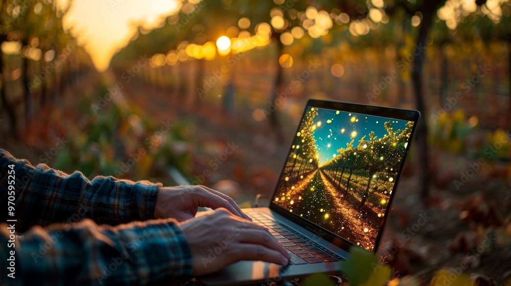 A farmer's hands on the laptop screen, displaying an illustration of ...