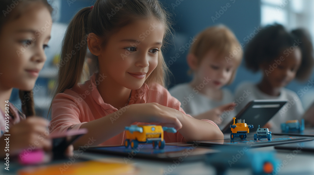 children playing in classroom, A group of elementary school children in ...