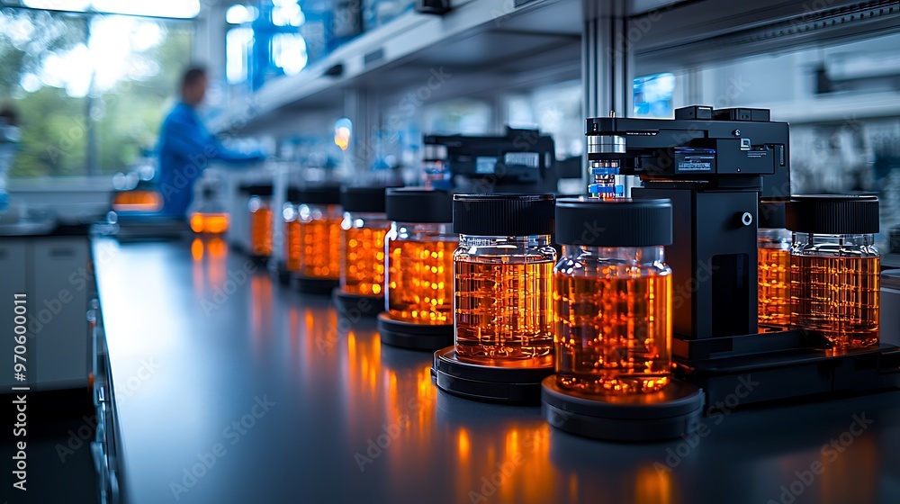 Biotechnology lab with robotic systems assisting in research, researcher conducting experiments ...