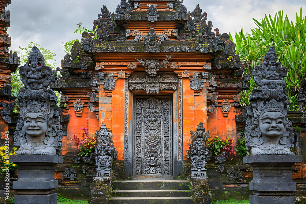 Details of traditional balinese hindu temple. Entrance gate with door ...