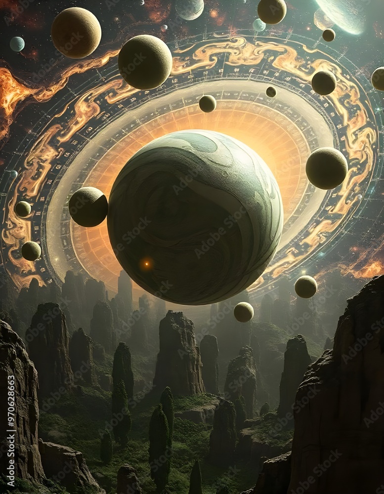 Medieval giant space planetarium, 3D op art style, detailed 3D Op Art ...