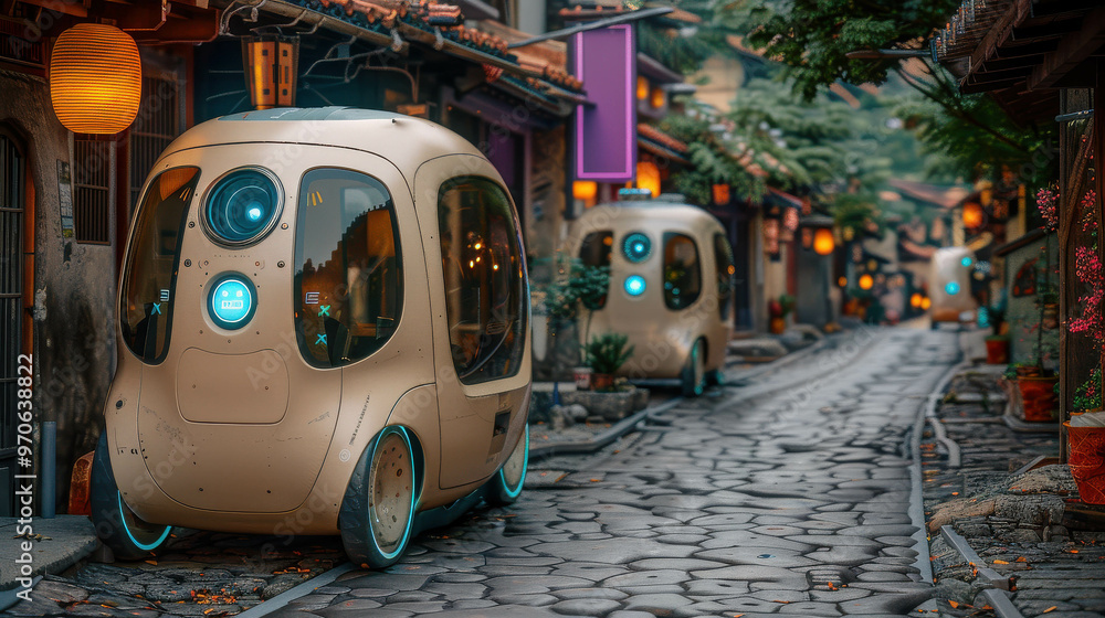 Autonomous futuristic pods navigate a cobblestone street lined with ...