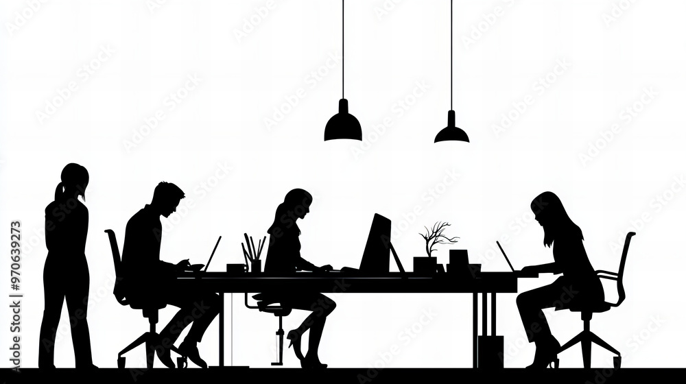 silhouettes of people working at a shared office desk with computers ...
