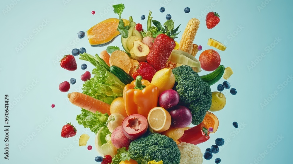 Vibrant assortment of fresh fruits and vegetables exploding in color ...