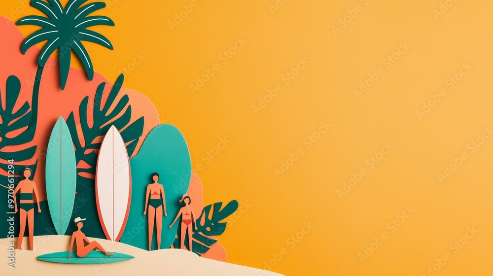 A beach party collage with cartoon surfers, sunbathers, and palm trees ...