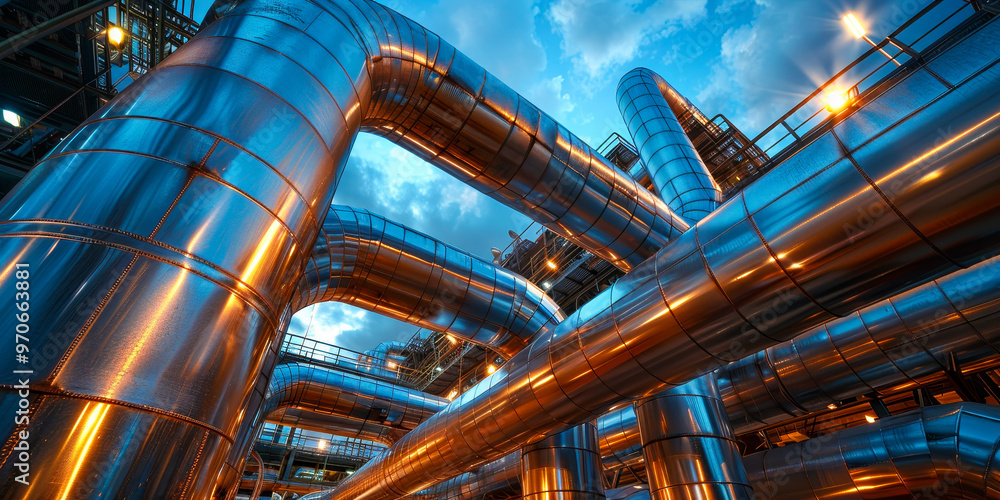 Construction workers installing industrial piping and HVAC systems on ...