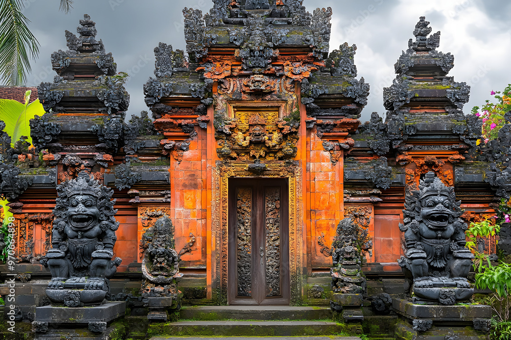 Details of traditional balinese hindu temple. Entrance gate with door ...