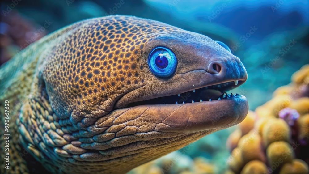 Giant moray eel with striking blue eyes swimming in ocean , scary ...