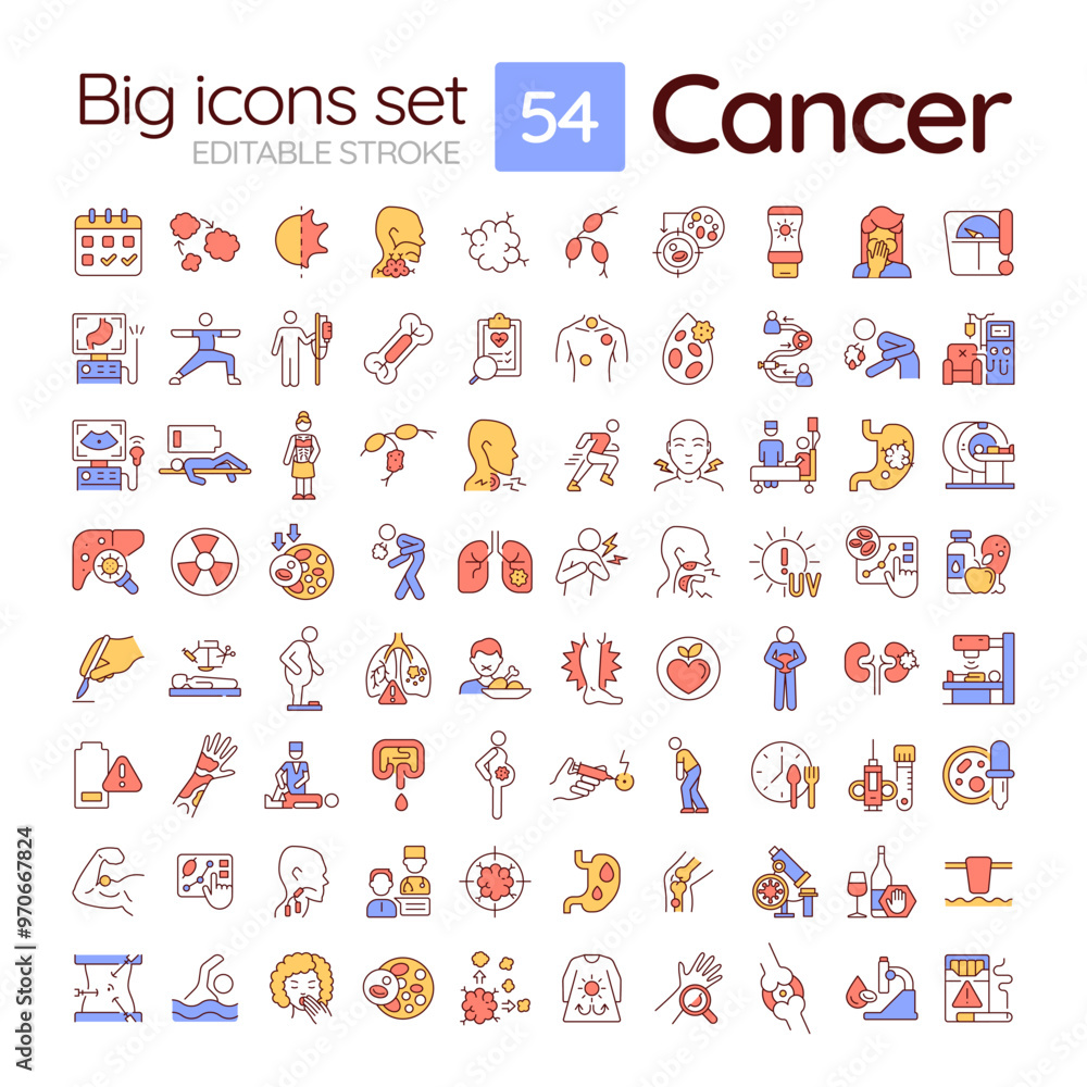 Cancer RGB color icons set. Oncology. Disease symptoms and treatment ...