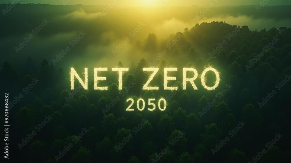 Net Zero Forest Sunrise , Digital illustration of a forest bathed in ...