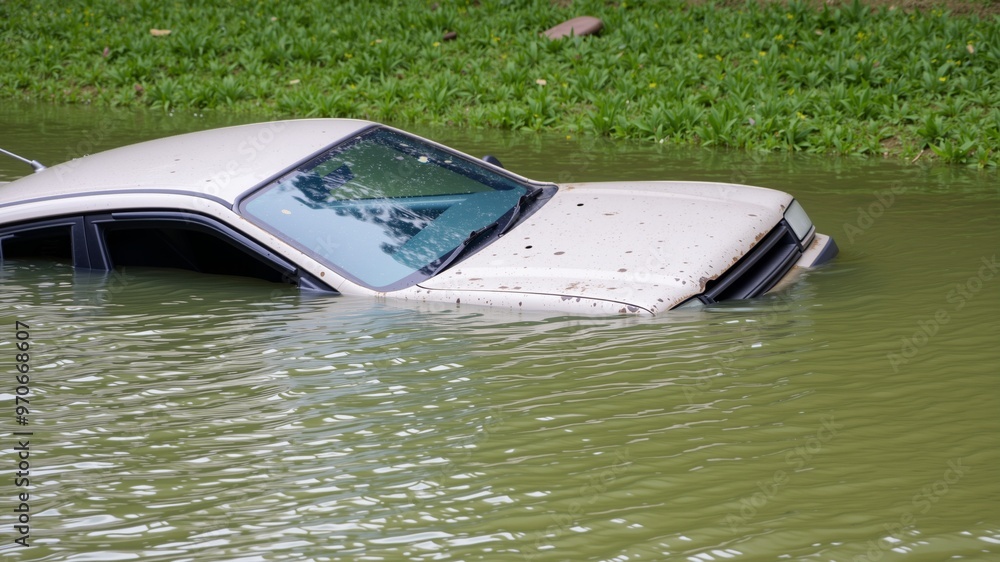 Flood Damage - Submerged Car in Green Water, A white car partially ...