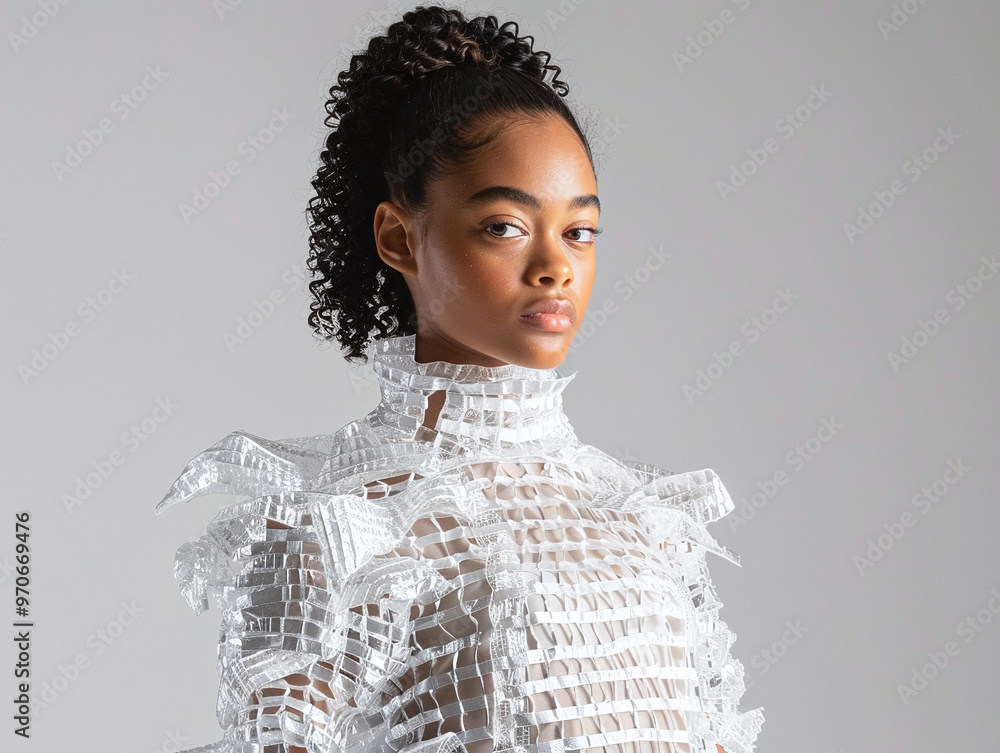 An African model dressed in an outfit made of unconventional plastic ...
