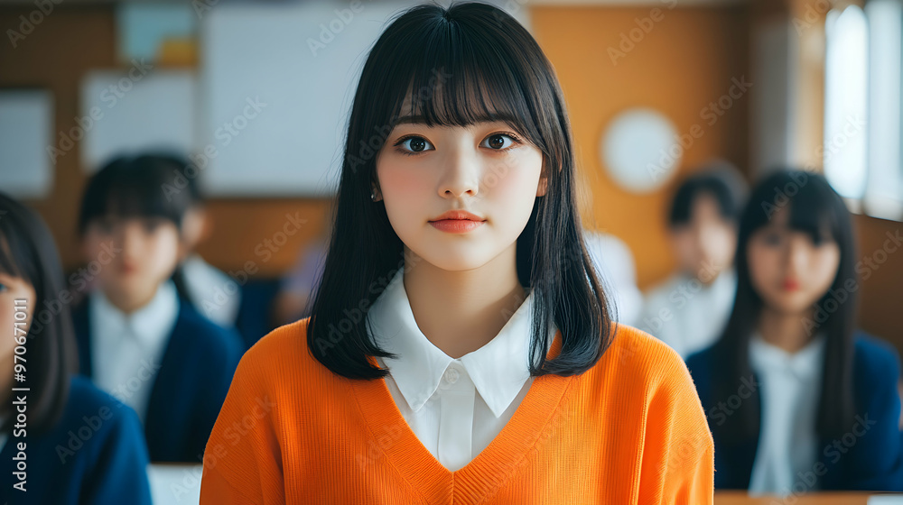 Japanese female teacher stands in front of her students, wearing an ...