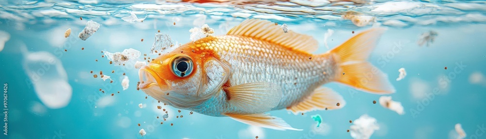 Fish surrounded by tiny microplastic particles in clear water ...