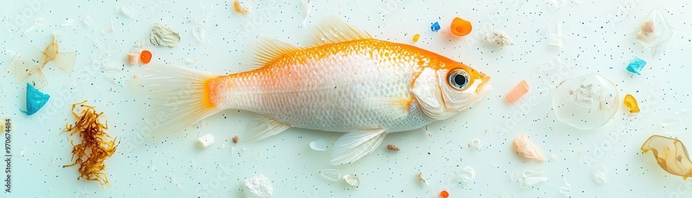 Fish surrounded by tiny microplastic particles in clear water ...