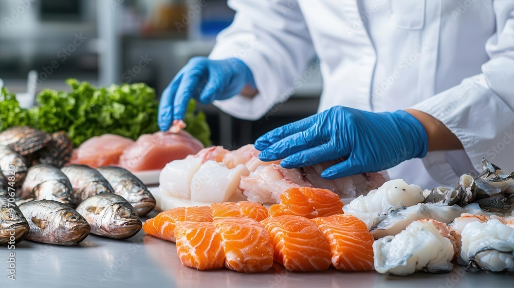 Microplastic contamination shown in seafood samples on a lab table ...