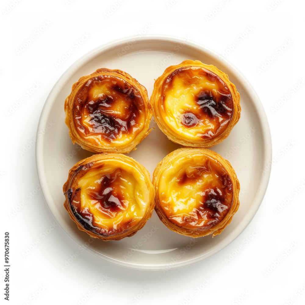 Top view of traditional Pastel de Nata on a white plate, professional ...