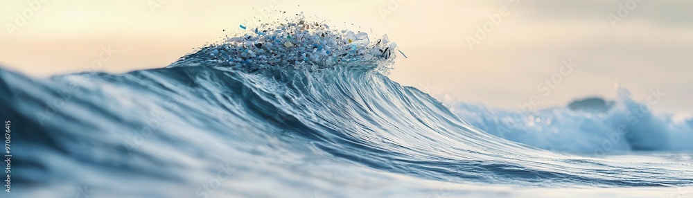 Ocean wave breaking, filled with microplastic particles in mid-motion ...