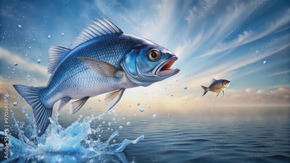 Blue fish catching fly in mid-air, blue fish, catch, fly, underwater ...