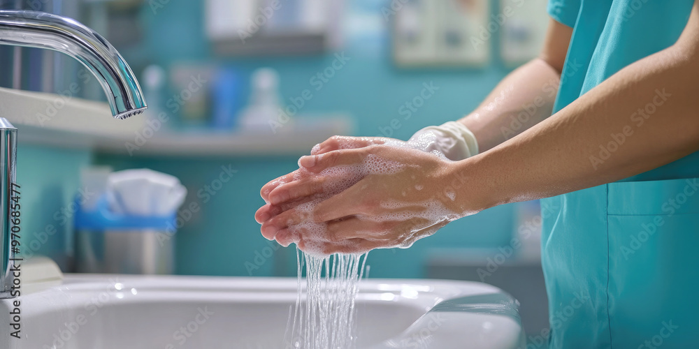 Doctor washing hands in a hospital bathroom before surgery, focusing on ...