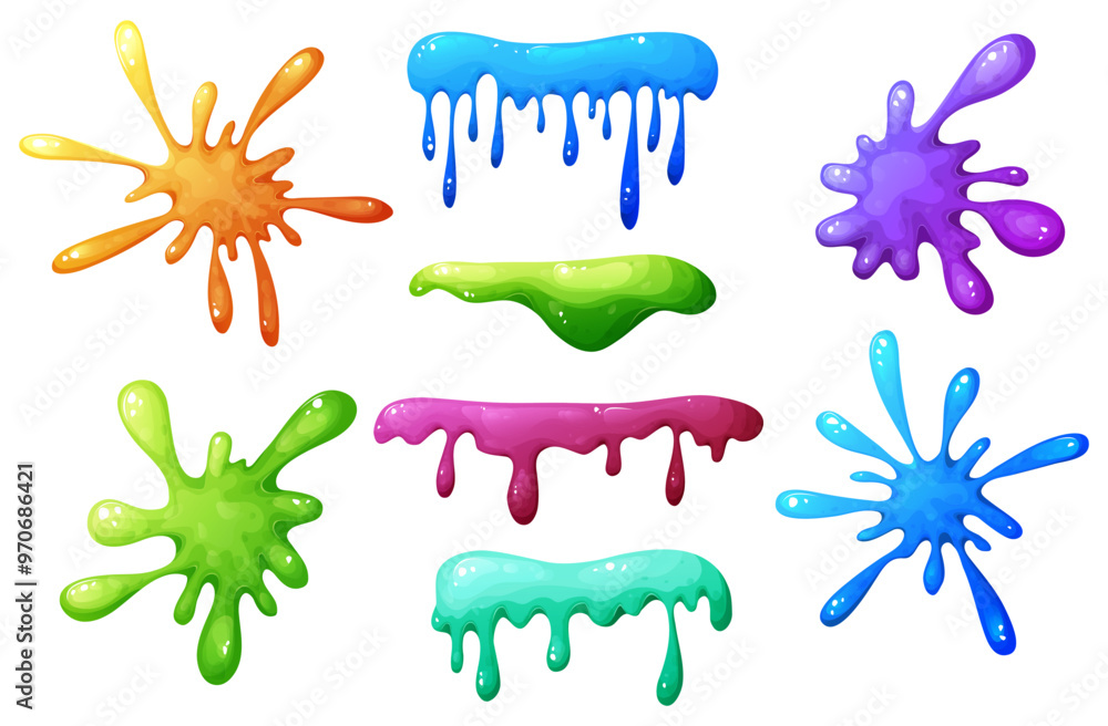 Colorful dripping slime in cartoon. Mucus splashes and liquid drop ...