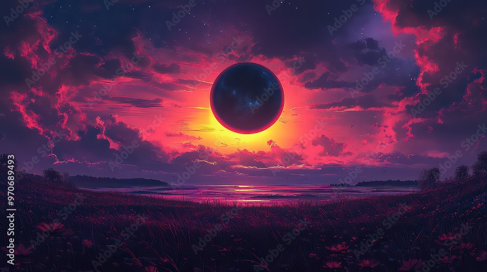 Surreal total solar eclipse illuminating the sky with glowing red ...