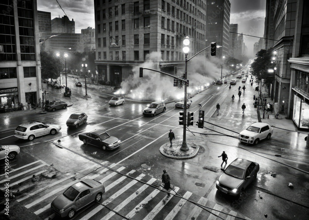downtown intersection accident frozen moment high-ISO grainy monochrome ...