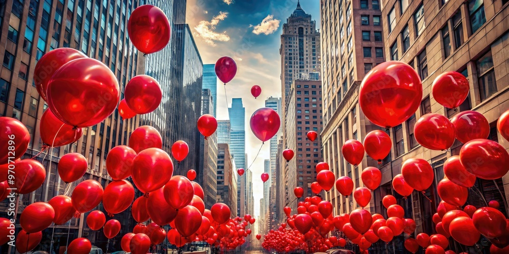 bold red balloons dramatically bursting against transparent cityscape ...