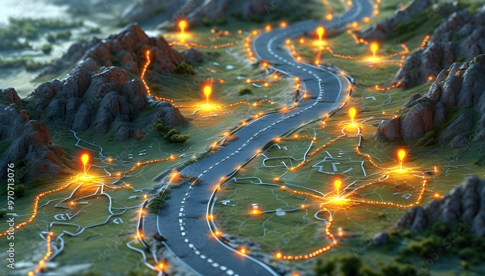 Innovative digital map showcasing GPS location with highlighted route ...