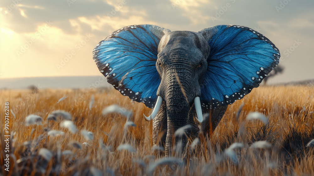Elephant with butterfly-like blue wings for ears walks through a golden ...