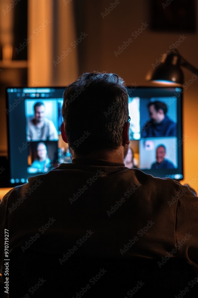 Man’s Back Sitting in Front of Computer During Video Conference with ...