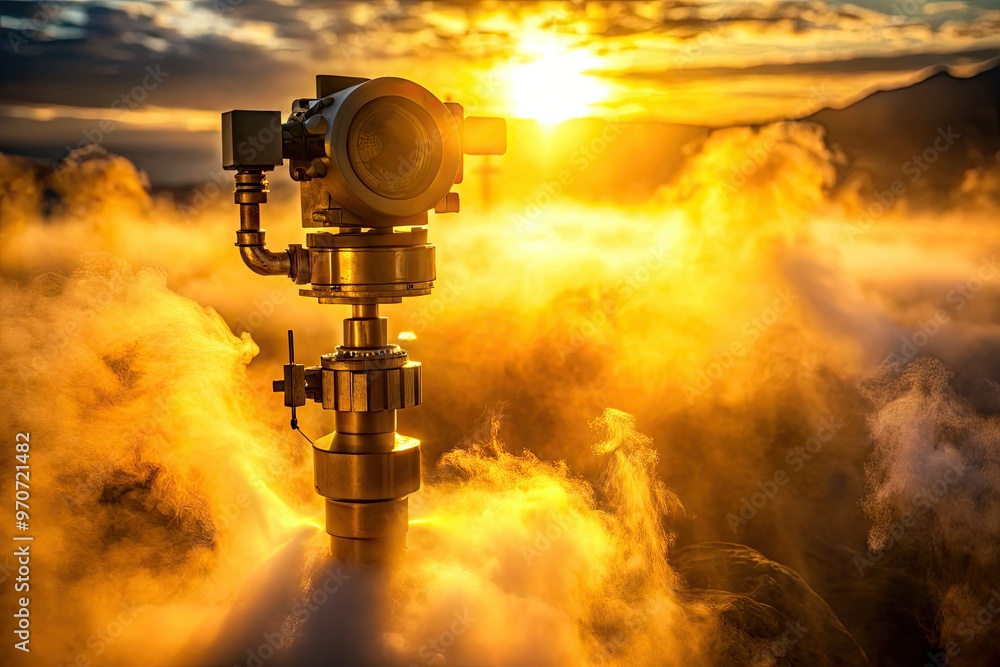 atmospheric closeup of industrial pressure transmitter device with ...